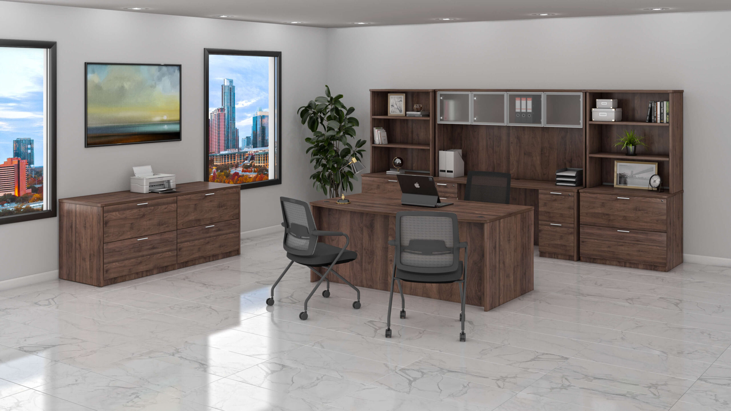 Kai High Rise Office with Desk and Credenza Set in Walnut - i5 Industries